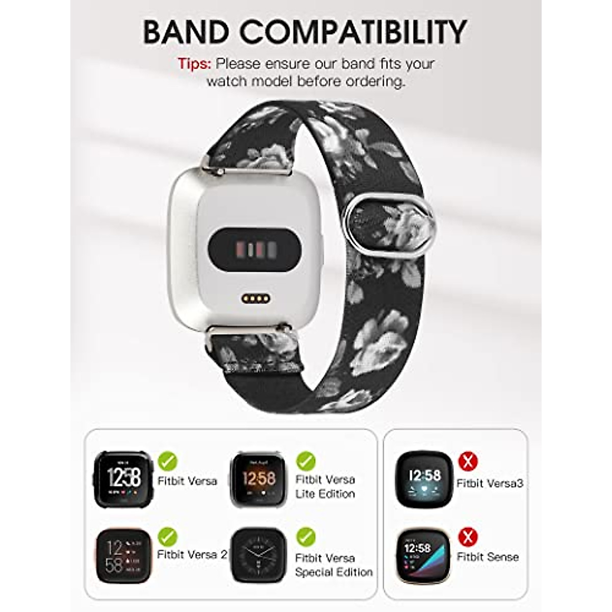 Crodi 4 Packs Elastic Bands Compatible with Fitbit Versa 2/Versa/Versa Lite/Versa SE SmartWatch Nylon Solo Loop Strap,Adjustable Stretchy Sports WristBands,Women Man Replacement Soft Watch Bracelet