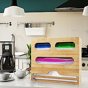 Premium Plastic Wrap Dispenser with Cutter and Ziplock Bag organizer, Bamboo Foil and Plastic Wrap Organizer for Kitchen Drawer, Ziplock Bag Storage Organizer for Gallon,Quart,Sandwich,Snack