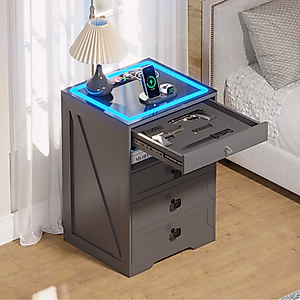 Lvifur RGB Nightstand with Gun Drawer, Glass Top Bedside Table with Wireless Charger Station, LED Night Stand with Human Sensor Design, Modern End Table for Bedroom Living Room (Grey)