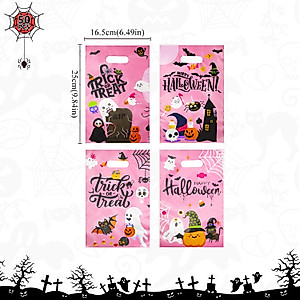 MARSOSAUR Halloween Candy Bag,100PCS Handle Candy Treat Bags Halloween Sweets Bags Trick or Treat Bags Reusable Pink Gift Bags for Halloween Party Supplies Favors, Homemade Craft Snack Gift Packing