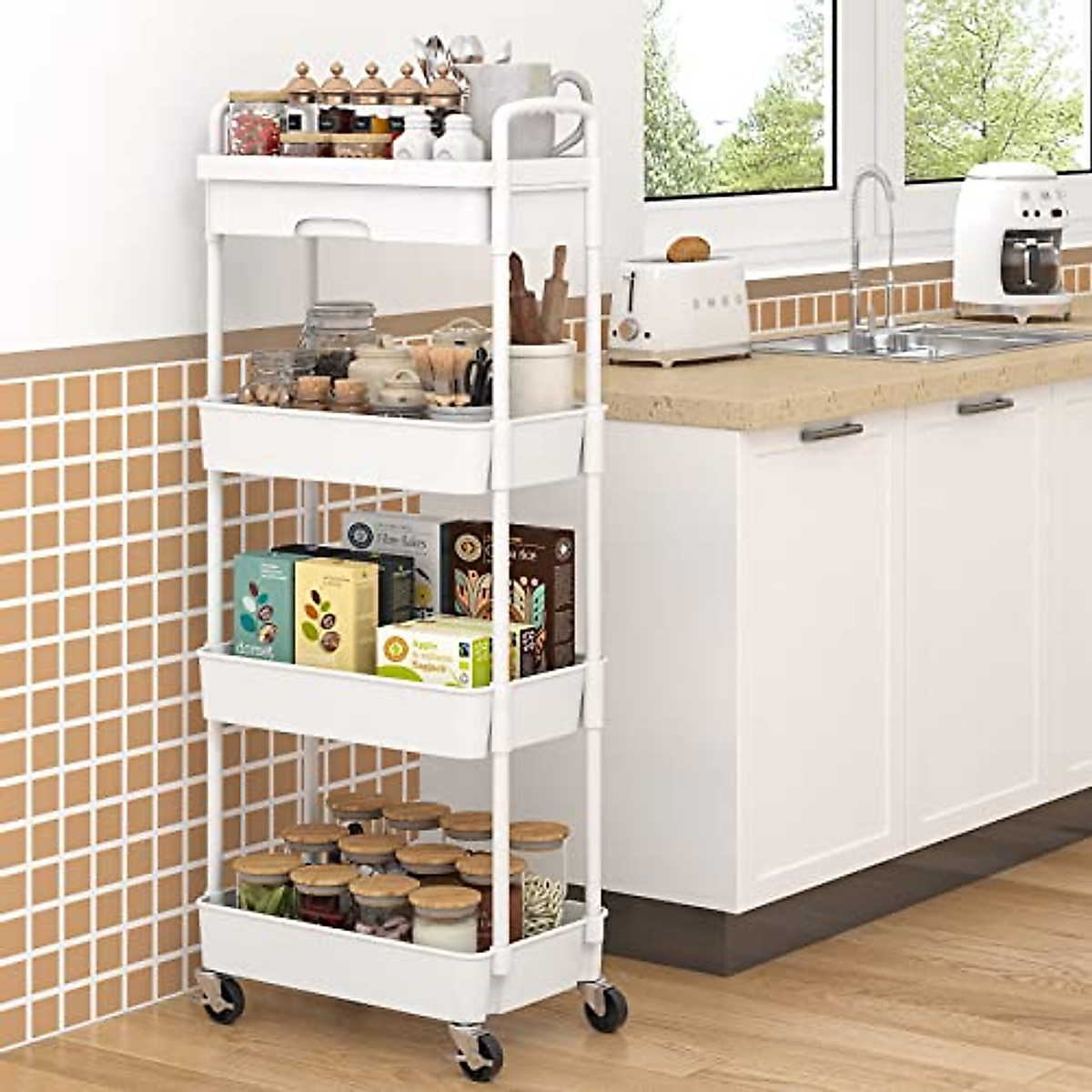 Dttwacoyh 4-Tier Rolling Cart，Trolley with Drawer, Kitchen Storage Organizer with Plastic Shelf & Metal Wheels, Storage Cart for Living Room, Kitchen, Office, Bathroom, White