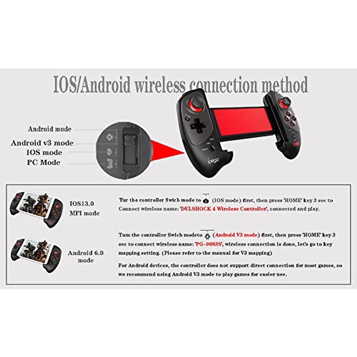 ipega-PG-9083S Wireless game controller phone tablet game controller for iPhone14/13/12/11/X,XR/8/ ipad for Galaxy S23/S22/S21/S10+/ Note20/10 VIVO,LG,one Plus,Android Smartphone Tablet (Android 6.0 + IOS13.0+)