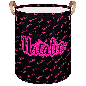 Personalized Laundry Basket, Custom Gift Laundry Hamper, Collapsible Nursery Waterproof Laundry Baskets, Dirty Clothes Toy Hamper with Handles Name Black Hot Pink