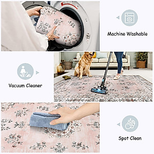 Lahome Washable Pink Round Rug 4ft, Soft Boho Circle Rug for Nursery and Girls, Small Floral Round Area Rug Non-Slip, Pastel Circular Carpet for Bedroom Indoor Floor Home Office Decor