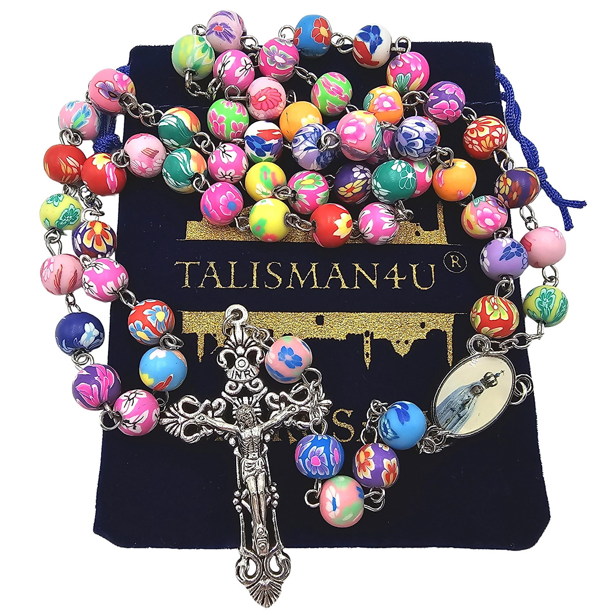 TALISMAN4U CATHOLIC ROSARY NECKLACE Colorful Polymer Beads Our Lady of Fatima Jesus Cross Holy Land Gift Rosary Pouch