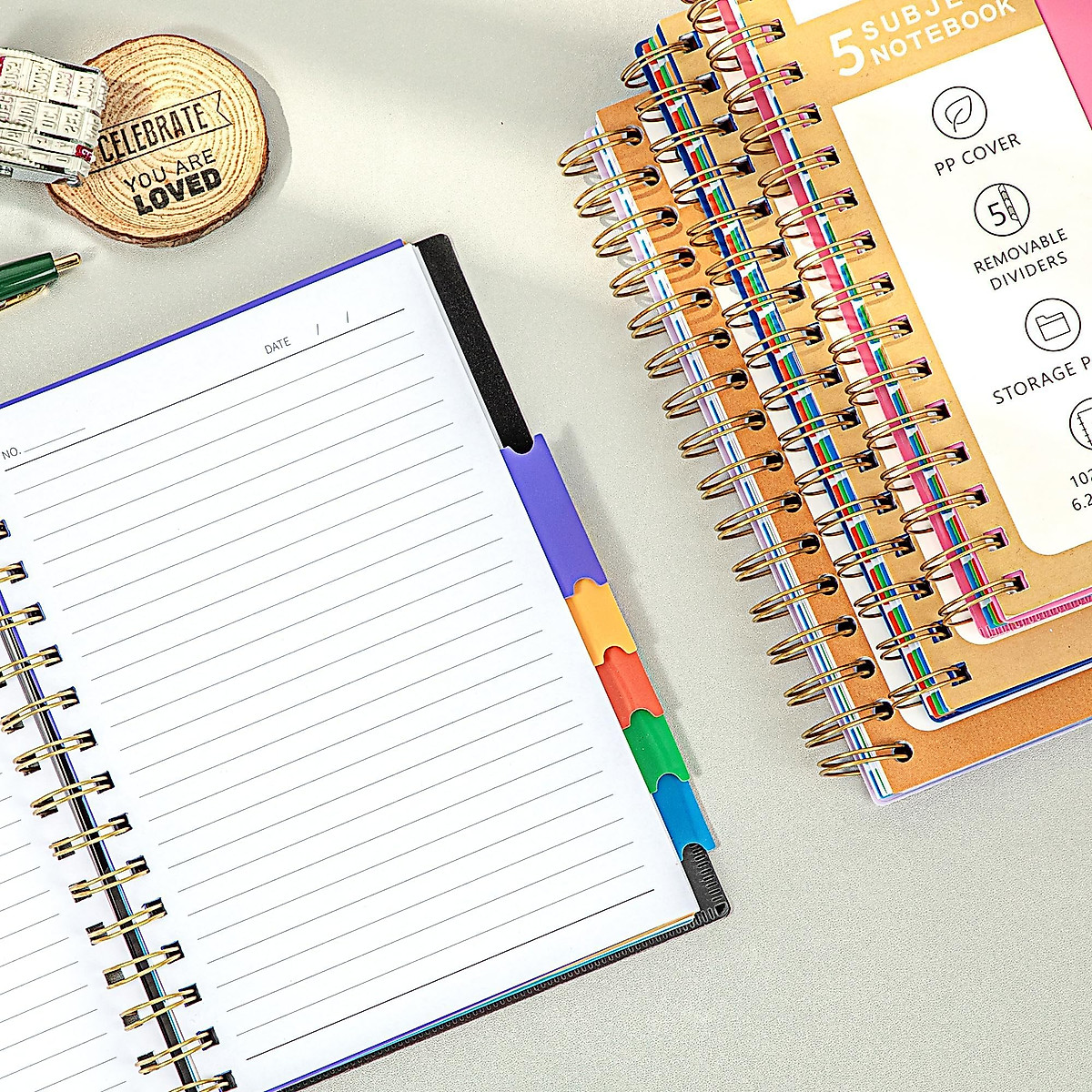 CAGIE 5 Subject Notebook College Ruled with Removable Tabs, Lined Spiral Journals Notebook for Women Men Writing, Notebooks for Work Note Taking School Supplies, A5 - Pink