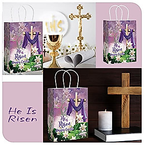 16 Pieces Easter Treat Bags Inspiring He Is Risen Sign Paper Gift Bags Cookie Egg Candy Goody Religious Gifts Easter Bags with Handles for Easter Theme Bible School Christian Religious Party Favor