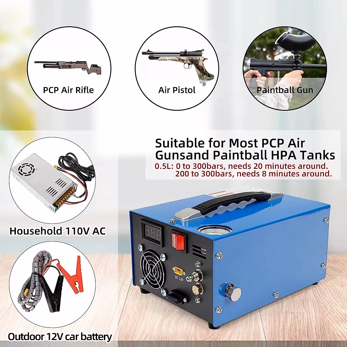 Generic pcp compressor 12v 300 bar 4500 psi 30Mpa pcp pump high pressure pcp air compressor, 36*26*26cm, Black