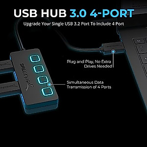 Sabrent 4-Port USB 3.0 Data Hub with Individual LED Power Switches | 2 Ft Cable | Slim & Portable | for Mac & PC (HB-UM43)