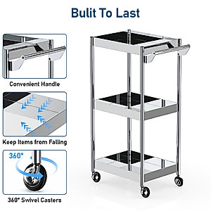 johgee 3 Shelf Mirror Stainless Steel Utility Cart, 3 Tier Stainless Steel Cart with Wheels with Handle, Serving Car, Rolling Medical Cart for Salon, Spa, Lab, Dental Clinic, Lab, Hospital