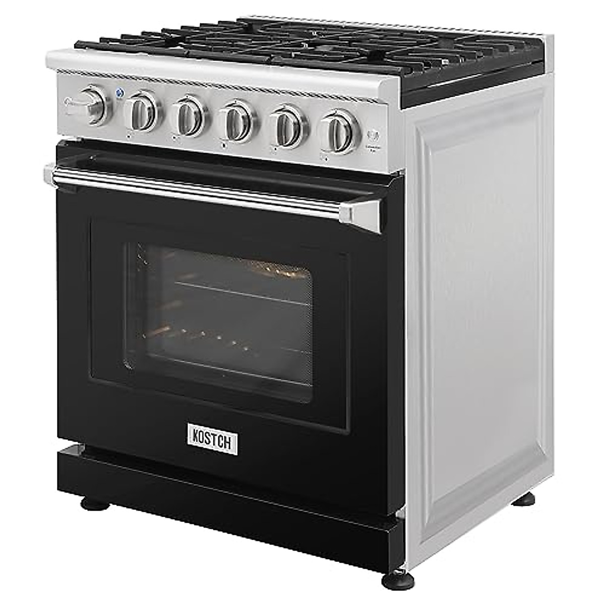 KOSTCH 30 inch Professional Freestanding Pro-Style Natural Gas Range or Liquid Propane Gas Range with 5 Burners, 4.55 cu.ft. Oven Capacity, in Stainless Steel - KOS-30RG03M (Black)