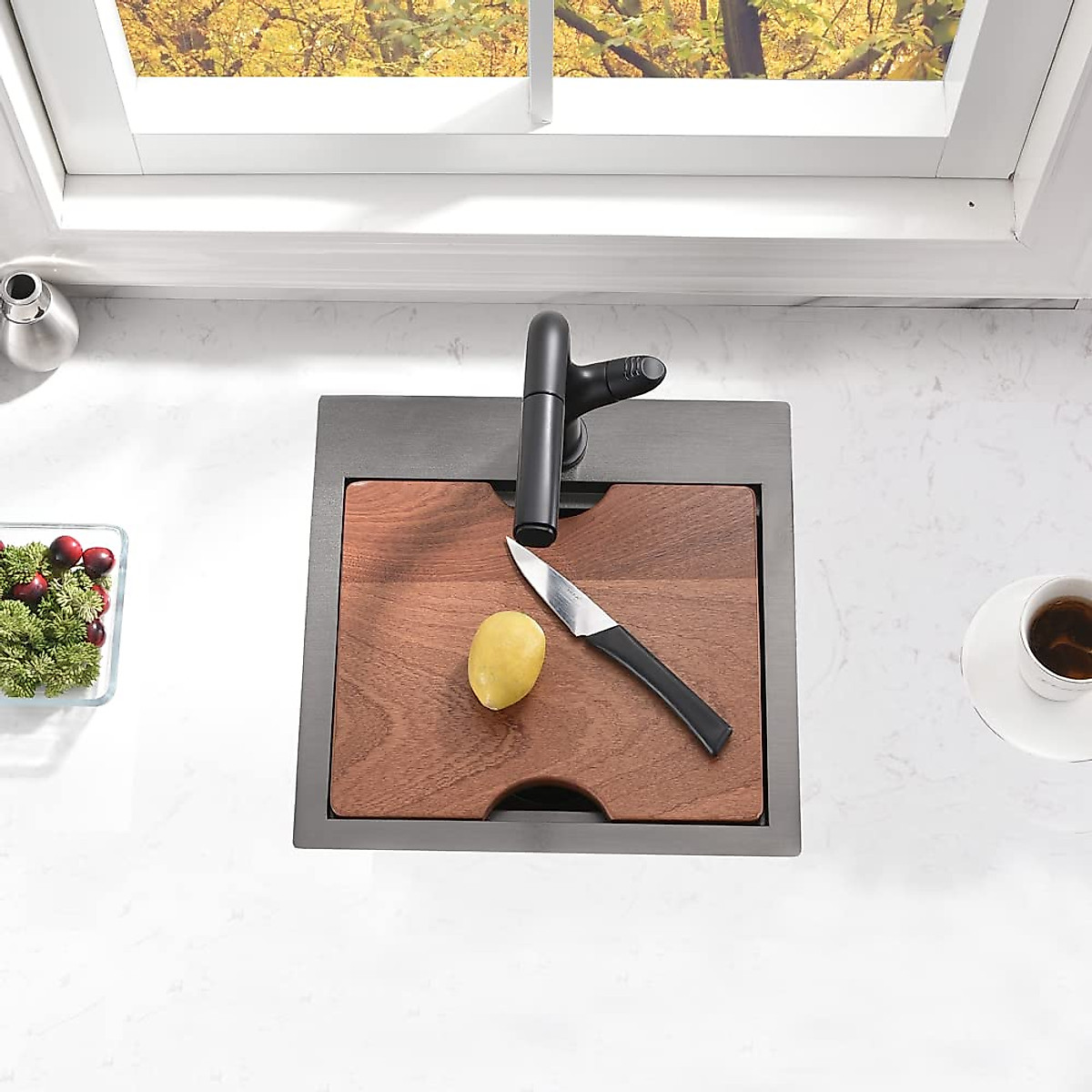 15 Inch Black Drop In Bar Sink Workstation-Bokaiya 15x15 Black Stainless Steel Topmount Bar Sink Outdoor Rv Sink 16 Gauge Single Bowl Wet Bar Sink with Cutting Board