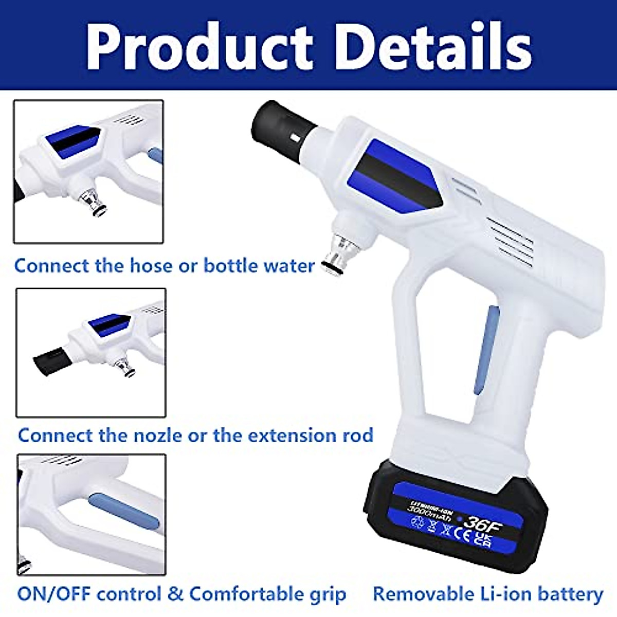 Portable Pressure Washer, 21V Power Washers Electric with Three-Speed Adjustable, 6-in-1 Adjustable Nozzle Battery Powered Washer w/2X3.0Ah Battery, for Car Washing Home Garden Cleaning