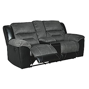 Signature Design by Ashley Earhart Faux Leather Manual Double Reclining Loveseat with Storage Console, Gray & Black