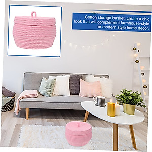 Anneome 1pc Cotton Rope Storage Basket Desktop Decor Clothes Round Basket Rope Basket with Lid Tablescape Decor Woven Storage Container Weave Pink Clothing Japanese-style Baby