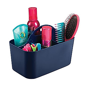 mDesign Small Plastic Shower/Bath Storage Organizer Caddy Tote with Handle for Dorm, Shelf, Cabinet - Hold Soap, Shampoo, Conditioner, Combs, Brushes, Lumiere Collection, Navy Blue