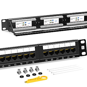 AMPCOM Premium Series CAT6 24 Ports Patch Panel, Rack Mount - 1U, 19 inch, RJ45 Ethernet 568A 568B, 15u Gold Plated, with Rear Cable Support Bar