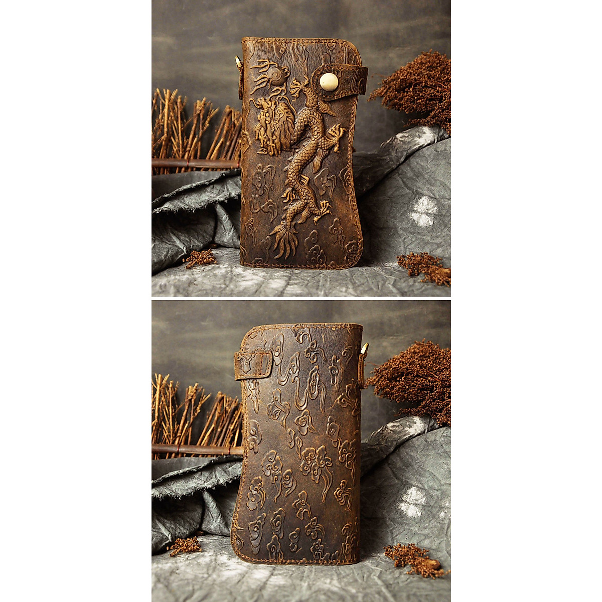 Le'aokuu Mens Genuine Leather Bifold Wallet Organizer Checkbook Iron Chain(0 1088 Dragon Light Brown)