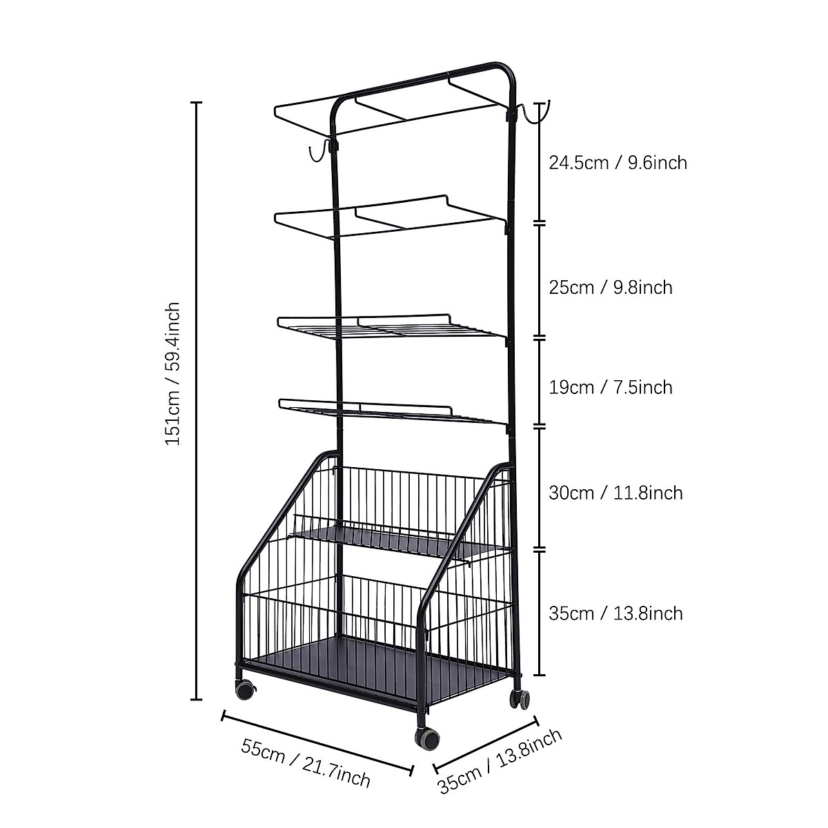 CNCEST 36.1x16.54x46.5inch Movable Sports Ball Storage Organizer, Sports Equipment Rack,2 Hooks+2 Storage Bins +4 Wire Basket Garage Glove Holder,for Garage/Storage Room