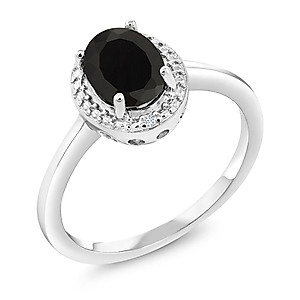 Gem Stone King 925 Sterling Silver Black Onyx and White Diamond Engagement Ring For Women | 1.26 Cttw | Gemstone December Birthstone | Oval 8X6MM | Available In Size 5-9