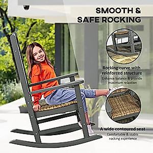 Outsunny Outdoor Rocking Chair, Traditional Wicker Porch Rocker w/Soft Padded Seat, Breathable Backrest, Fade-Resistant Waterproof HDPE Frame with PE Rattan for Indoor & Outdoor, Dark Gray