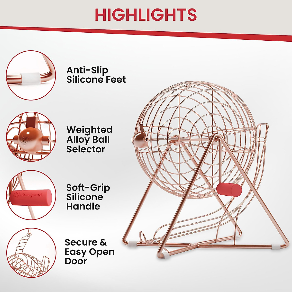 MR CHIPS 11" (Inch) Tall Professional Bingo Set with Steel Bingo Cage, Everlasting 7/8” Bingo Balls, 18 Bingo Cards and 300 Bingo Chips - Rose Gold Color