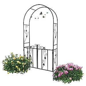 Outdoor Metal Garden Arbor Decorative Steel Garden Trellis Arch Stand with Gate, 8'H x 3.6'W, Black