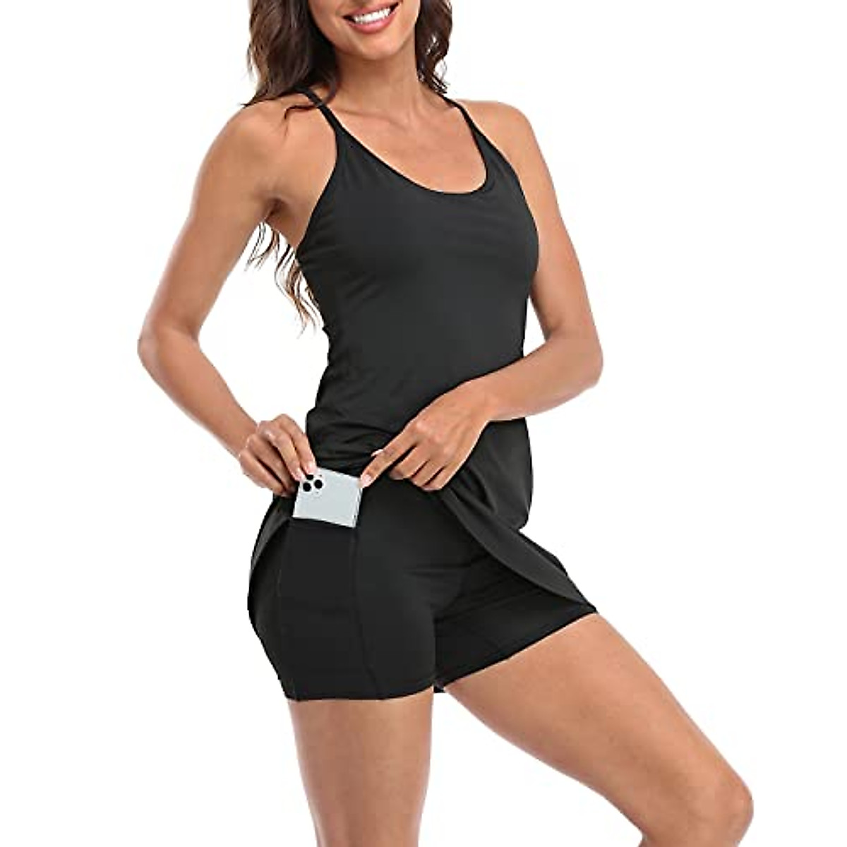 HDE Womens Exercise Workout Dress with Built-in Shorts Sleeveless Athletic Dresses for Golf Tennis Black - S