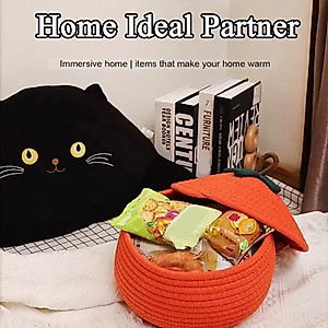 Halloween Pumpkin Basket With Lid, Halloween Pumpkin Candy Bucket, Trick Or Treat Pumpkin Woven Storage Bin, Large Capacity Woven Rope Basket For Store Toys, Candys, Snacks, Home Decor (Orange-L)