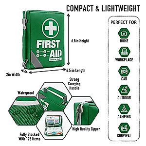 First Aid Kit -Compact First Aid Bag(175 Piece) - Includes 2 x Eyewash,Instant Cold Pack,Emergency Blanket for Home, Office, Vehicle,Camping, Workplace & Outdoor Green