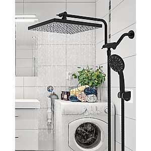 Hibbent Metal Shower Head, 10'' High Pressure Rainfall Shower Head/Handheld Showerhead Combo with 12'' Adjustable Shower Extension Arm, 7-Spray, 71'' Hose, Showerhead Holder, Matte Black