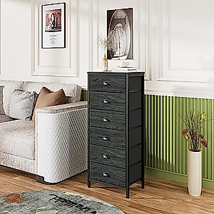 Furnulem Dresser for Bedroom with 6 Drawers, Tall Chest of Drawers, Black Storage Organizer Tower for Office, Entryway, Living Room with Wooden Top(Black Oak)