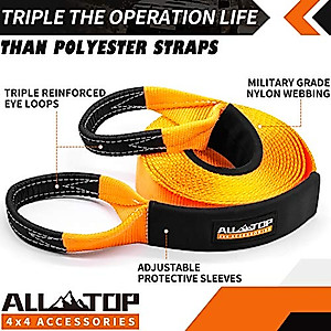 ALL-TOP 100% Nylon Recovery Snatch Strap, 3in x 30ft, Heavy Duty Kinetic Tow Strap (35000 Lbs) with 22% Elongation - Triple Reinforced Loop Adjustable Protector Sleeve
