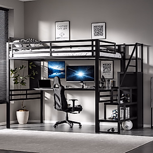 DNYN Stairway Full Size Metal Loft Bed with Desk for Kids,Adults,Heavy Duty Bedframe w/Storage & Wardrobe,Space Saving Design & No Box Spring Needed, Black