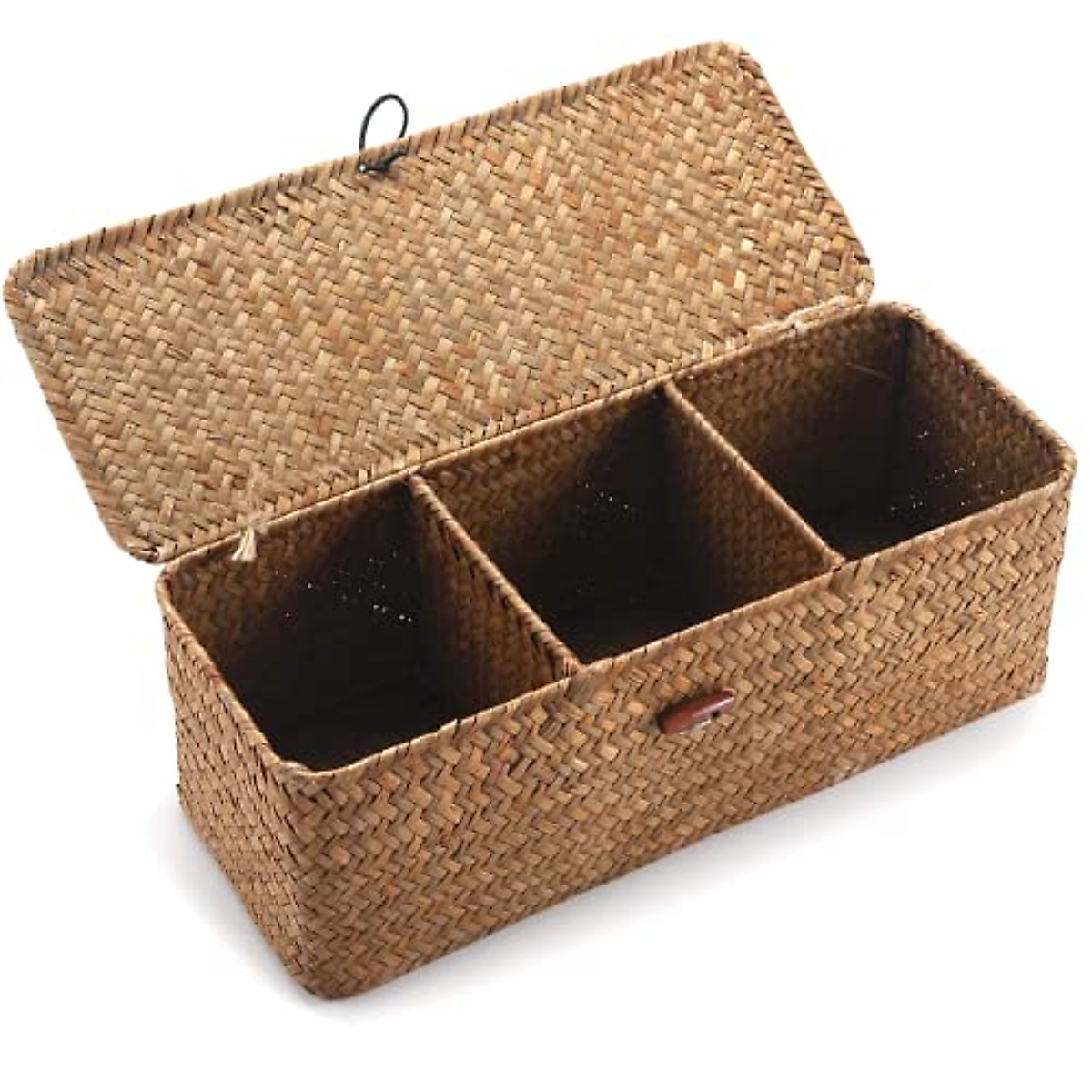 DOKOT Woven Basket with Lid, Seagrass Storage Baskets, Wicker Basket with Lid, Woven Rattan Storage Basket with Lid, Rectangular Seagrass Bin with Grid Home Organizer, Rattan Storage with Lid