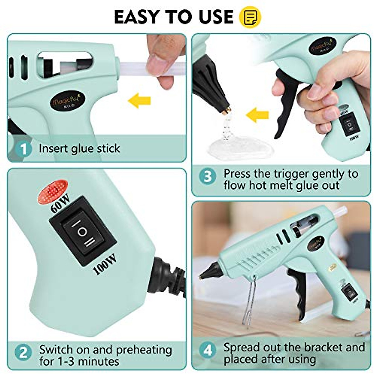 Magicfly 60/100W Hot Glue Gun Full Size with 15 Pcs Hot Glue Sticks (0.43 X 5.9 inch) and Carry Case, Dual Power High Temp Melt Glue Gun Kit with Finger Caps, Mat for Arts Craft, Household, Green