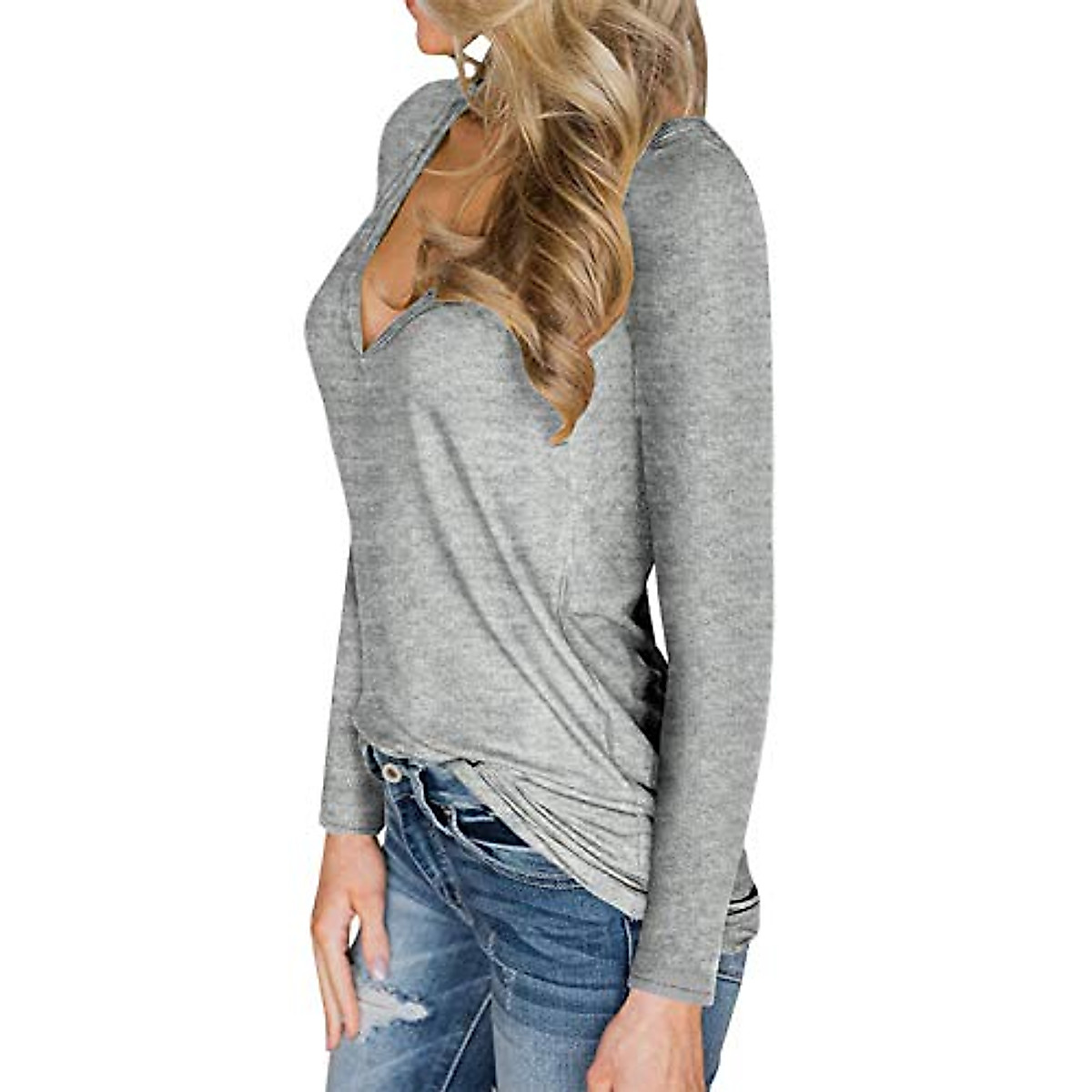 L'ASHER Women's Henley Shirts V Neck Long Sleeve Tunic Top Button Up Blouse Shirt Casual Loose Top Tees Large Gray