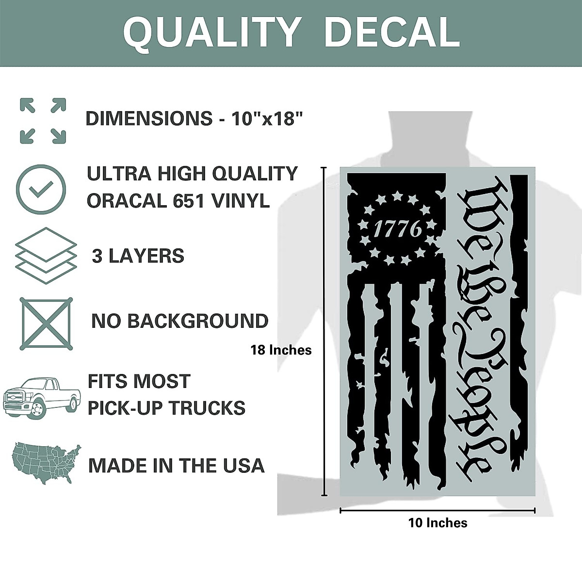 We The People Betsy Ross Flag 1776 Distressed American USA US Flag Truck Tailgate Vinyl Decal - 2 Pack - Stickers Preamble of The US Constitution fits Most Pickup Trucks (10" x 18", Matte Black)