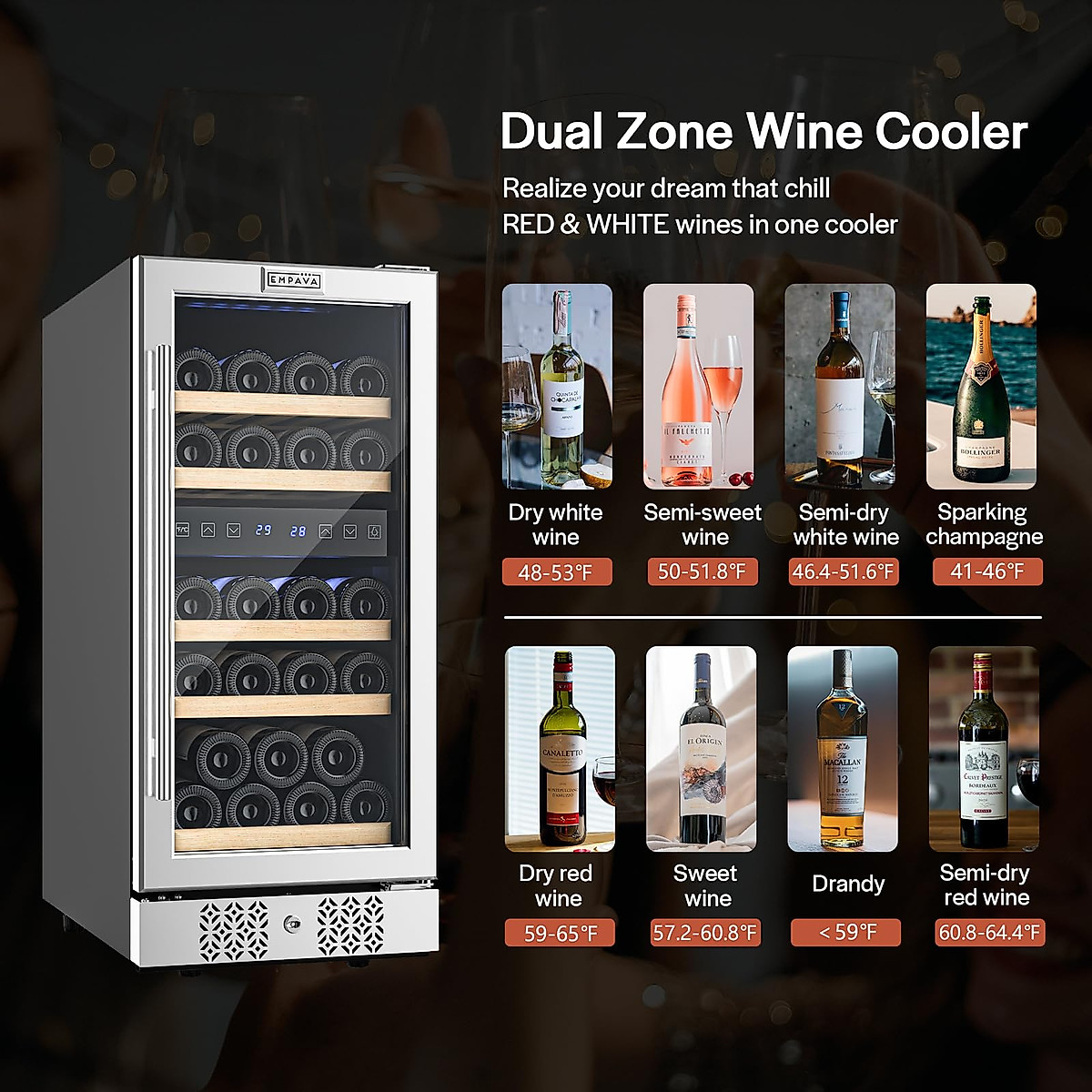 Empava Chiller 15 inch Mini Double Fridge Built in or Freestanding Wine Cooler Stainless Steel Glass Door Quiet Operation Compressor Adjust Temperature, 29 Bottles Dual Zone, Silver