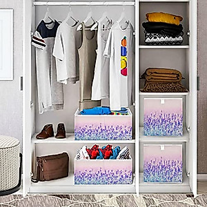 Kigai Storage Basket Cubes 11 In ,Purple Lavender Flowers Foldable Fabric Bins Shelves Toy Storage Box Closet Organizers for Nursery,Utility Room, Storage Room