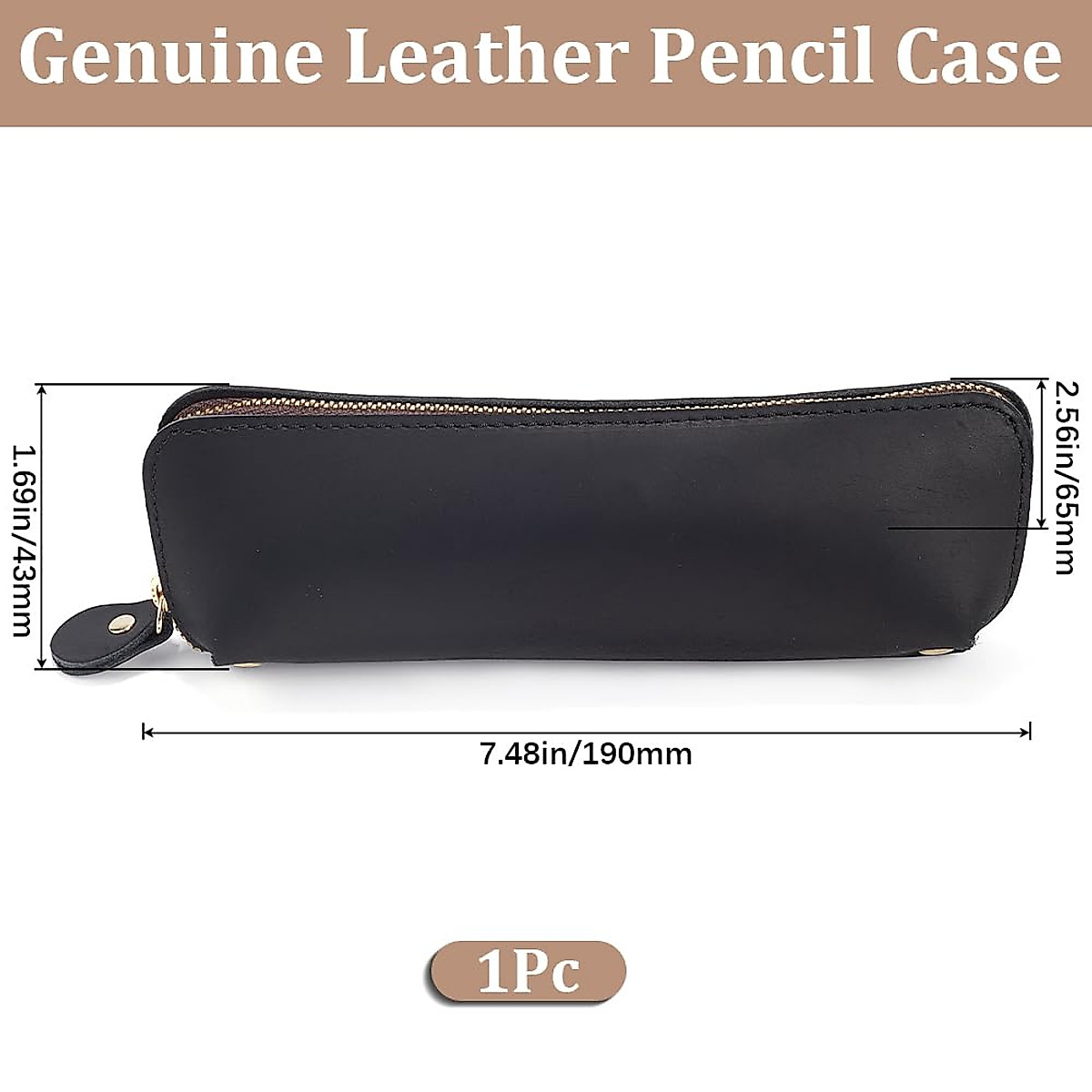 GORGECRAFT Leather Pencil Pouch Genuine Leather Pen and Pencil Case Large Capacity Crazy Horse Black Portable Rectangle Leather Pen Bags with Zipper for Men and Women Office Supplies Pen Case