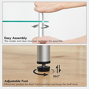 HOOBRO Glass Shelf, 4 Tier Standing Shelf Unit, Durable Glass Shelving Stand for Small Space, Space-Saving, for Bathroom, Bedroom, Home Office, Tempered Glass, Steel Frame, Silver SV04CJ01