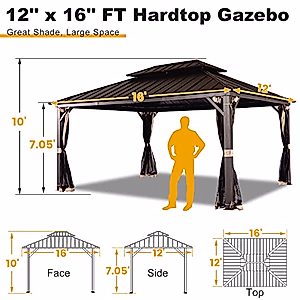 OLILAWN Gazebo 12x16, Outdoor Hardtop Gazebo with Large Aluminum Frame, Galvanized Steel Double Top Gazebo with Ventilation, All-Weather Metal Gazebo with Mosquito Nettings, for Patios Gardens Lawns