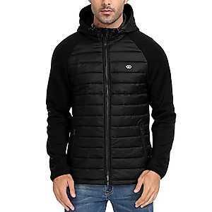 MoFiz Mens Insulated Hiking Jacket Coat Thermal Hybrid Running Jacket Lightweight Puffy Winter Hooded Golf Jackets Long Sleeve Windbreak Sportswear Black Small