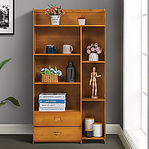MoNiBloom 4 Tier Bookcase with 2 Drawers, Bamboo Tall Multifunctional Shelf Storage Organizer Book Display Shelves for Bedroom Living Room Office, Brown