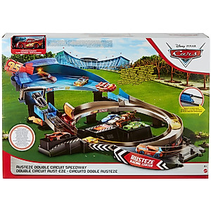 Disney Car Toys Rust-Eze Double Circuit Speedway Playset Test Track Set For Drift, Race and Crash Competitions, With Lightning McQueen Vehicle, Kids Birthday Gift For Ages 4 Years and Older