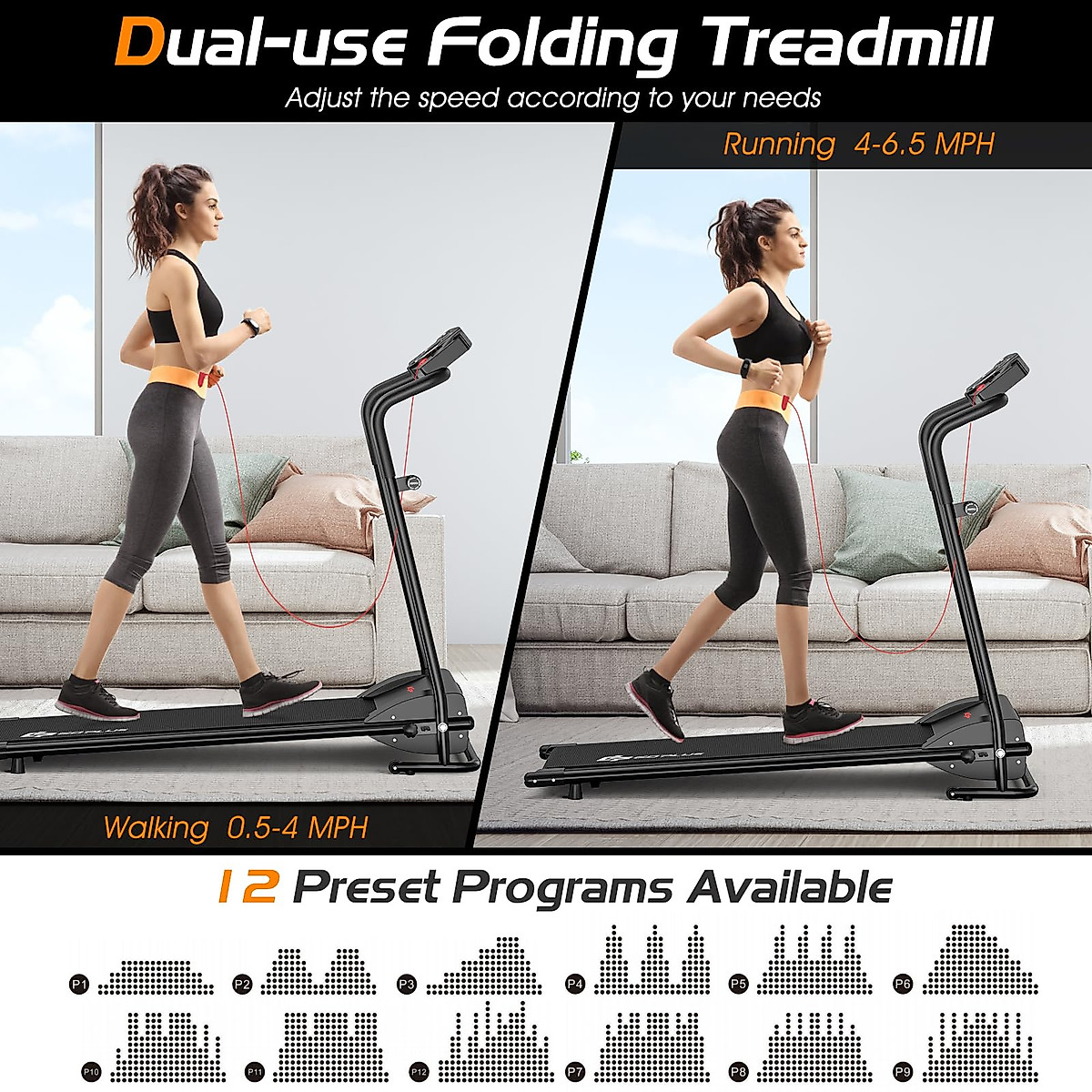 Goplus Compact Folding Treadmill for Home, Electric Walking Running Machine, Low Noise, Built-in 2 Workout Modes and 12 Programs, with Display