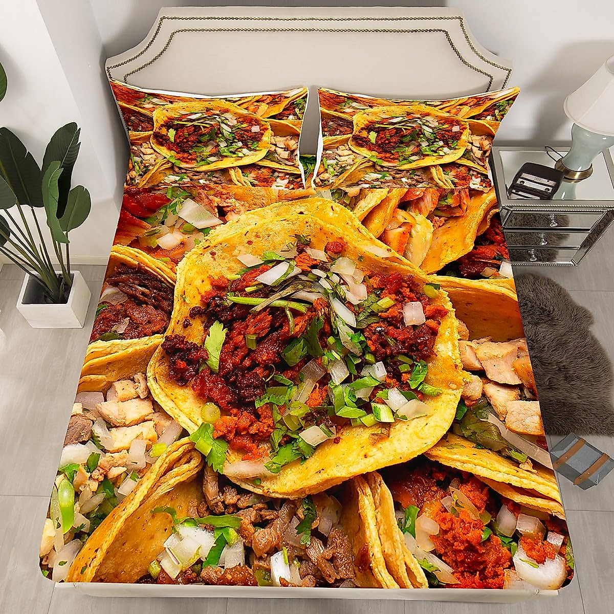 Taco Bed Sheets Set Full Size, Taco Food Sheet Set Realistic Food Sheets with Deep Pocket Fitted Sheet for Kids Boys Girls 3D Food Themed Bedding Set with 2 Pillow Case