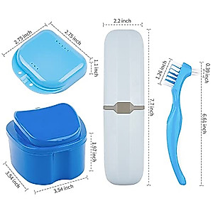 Jutieuo 8Pcs Denture Case Kit, 2 Denture Bath Case Cups, 2 Dual-Headed Denture Toothbrushes, 2 Portable Brush Boxes, 2 Retainer Holder Boxes, Dentures Holder for Travel Retainer Cleaning (Blue)