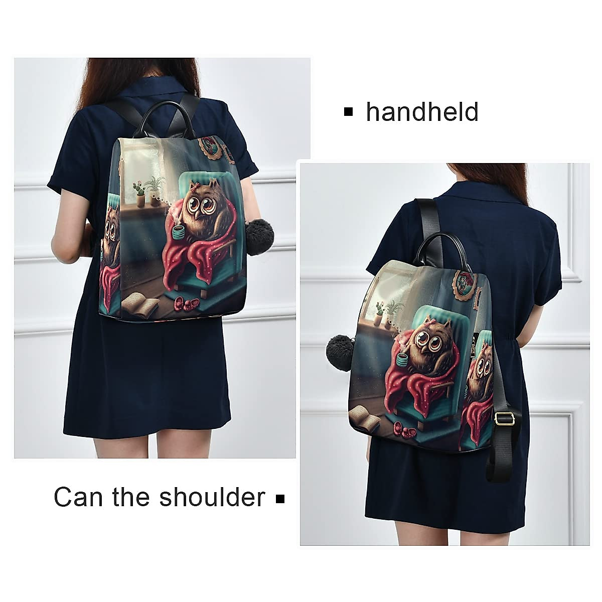 ALAZA Owl Sitting the Chair and Drinking Coffee Backpack with Keychain for Woman Ladies